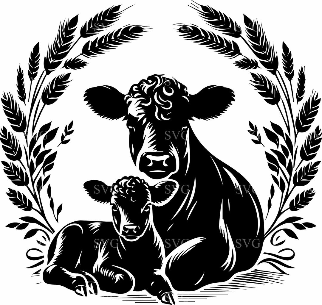 Highland Cow and Calf SVG 4 Cut File - Farm Animal Wreath Silhouette ...