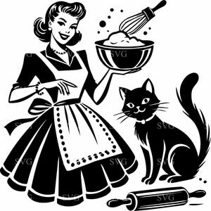 Retro Woman Baking With Cat SVG 6 Cut File - Vintage Silhouette Design ...