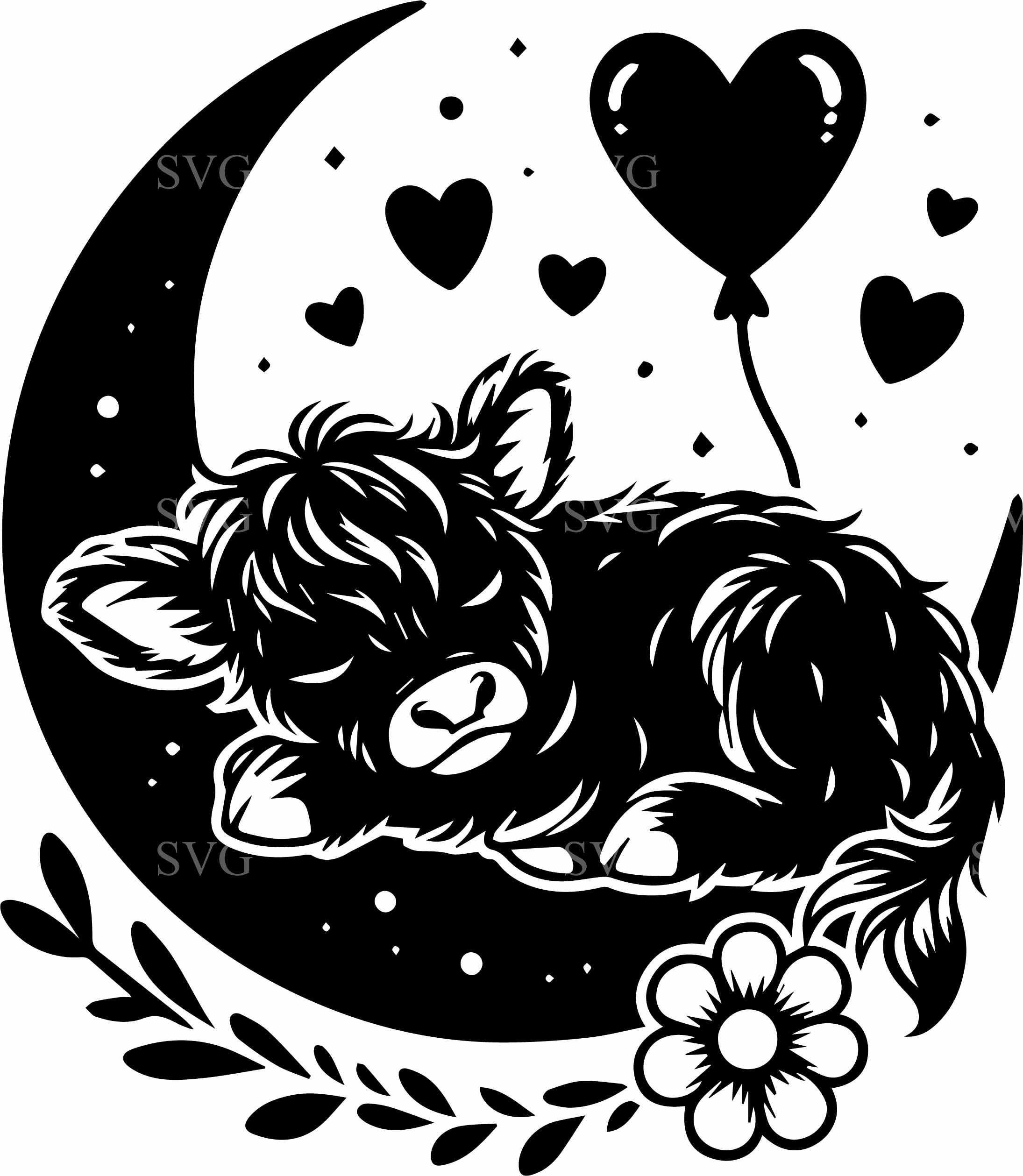 10 Baby Calf Moon SVG – Sleeping Cow Crescent Night Hearts Floral ...