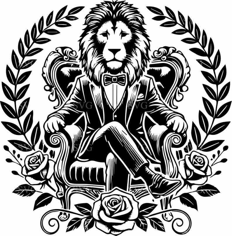 5 Lion in Suit SVG – Elegant Animal With Crown, Roses, and Wreath (cut ...