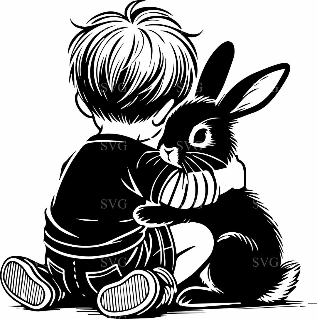 Boy and Bunny SVG 4 Cut File | Heartwarming Silhouette Design | Child ...