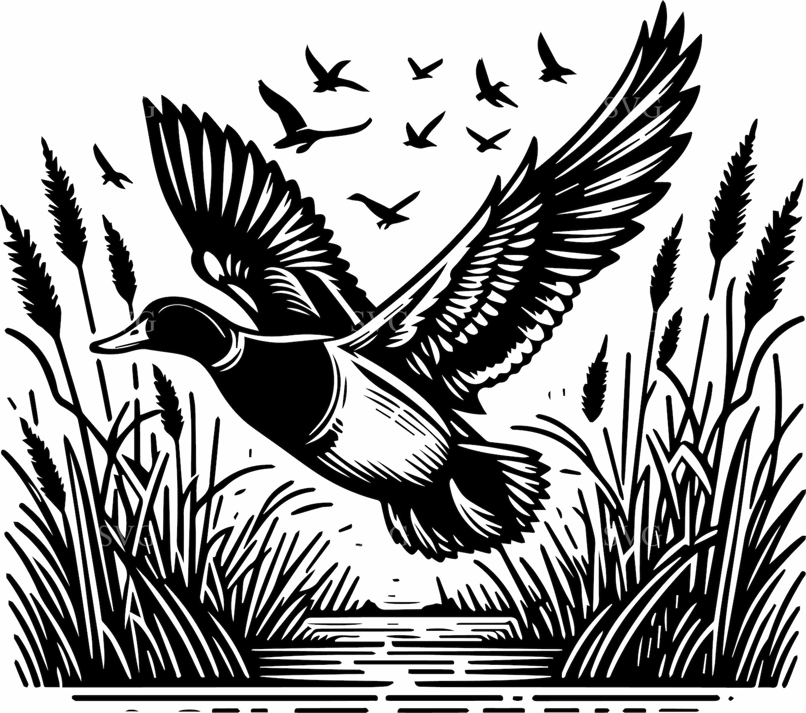 3 Wildlife SVG – Duck in Flight Over Marsh Reeds Cut File – Hunting ...
