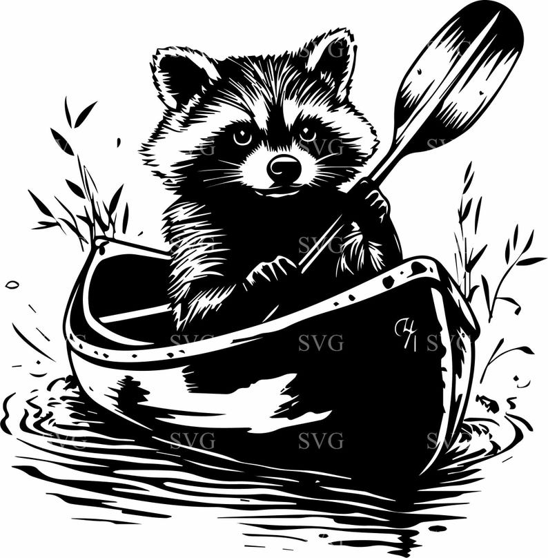 4 Raccoon in Canoe SVG Cut File Animal Silhouette - Whimsical Nature ...