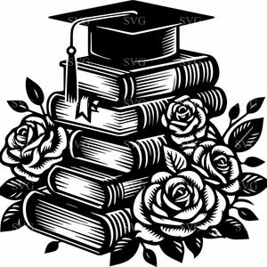 Graduation Books SVG, 8 Stack of Books With Cap Cut File, Floral ...