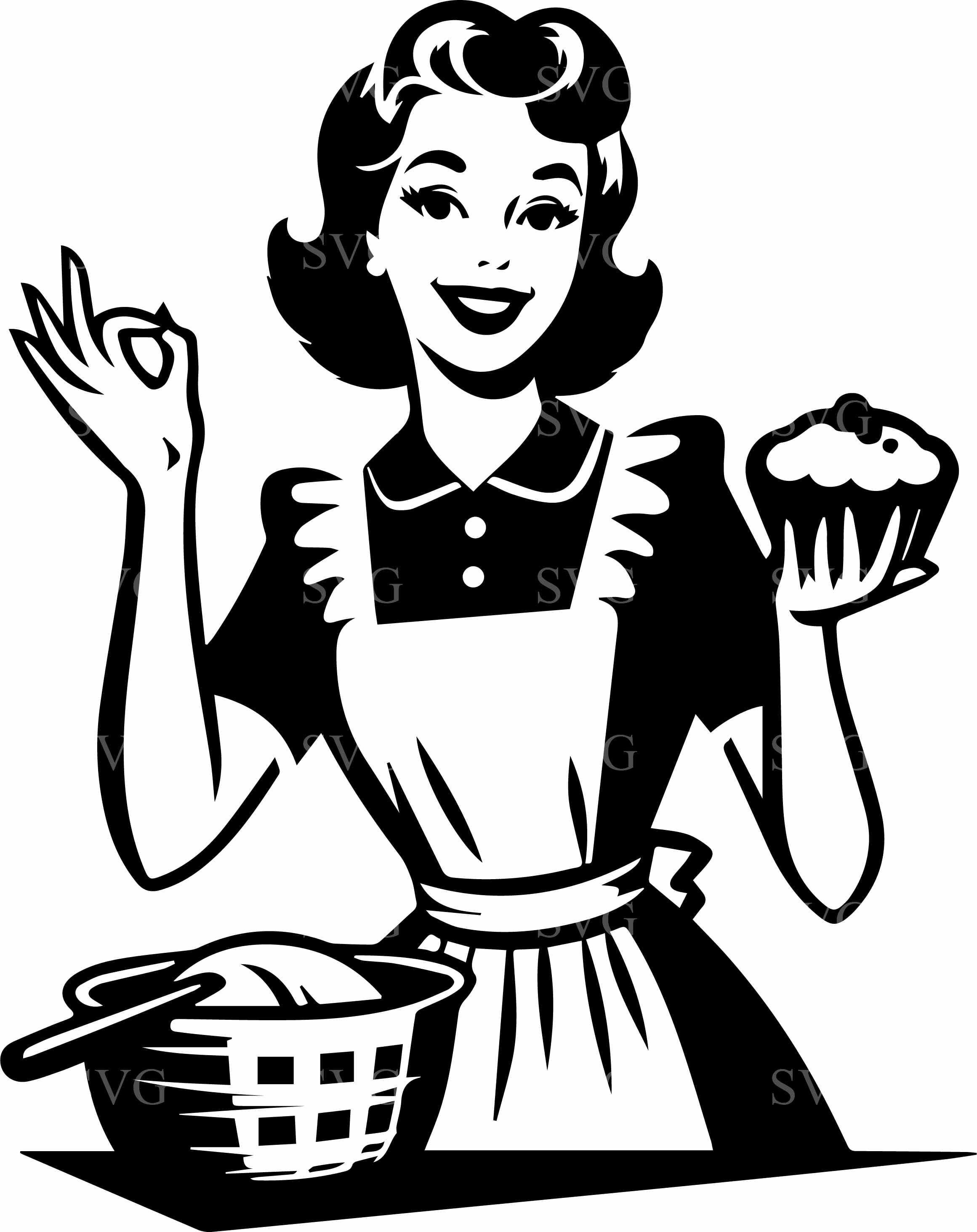 8 Retro Baking Woman SVG, Vintage Lady Mixing Dough in Bowl Silhouette ...