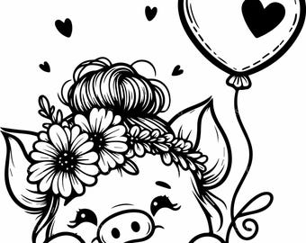 4 Pig SVG 4 Cut File With Flower Crown and Heart Balloon | Adorable ...