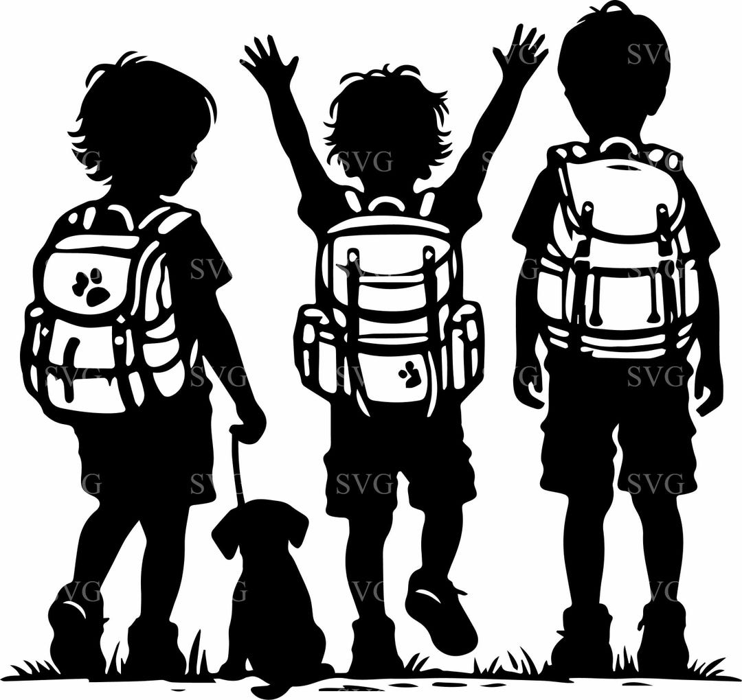 Three Boys With Backpacks SVG, 4 Kids Hiking Silhouette Cut File ...