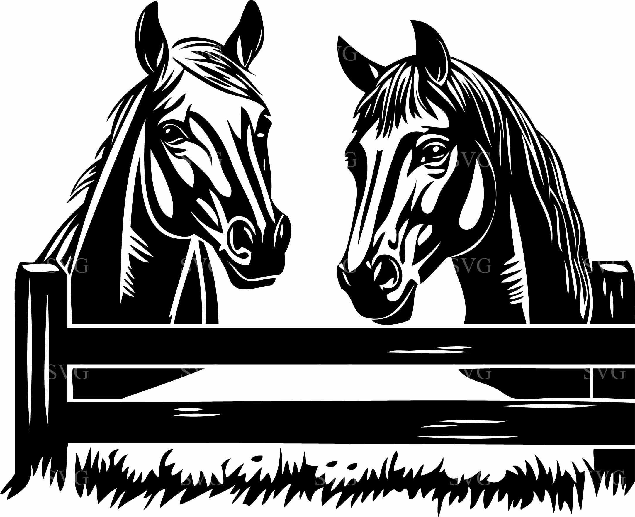 4 Horse SVG 4 Cut File, Two Horses at Fence Clipart, Rustic Farm Animal ...