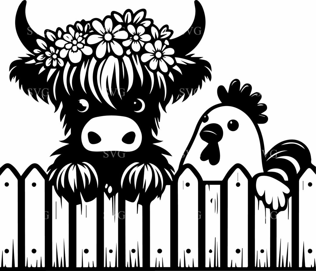 6 Highland Cow and Rooster SVG, 6 Farm Animals Cut File, Floral Crown ...