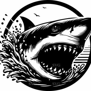 Fierce Shark SVG 4 Cut File - Powerful Great White Shark in Ocean Waves ...