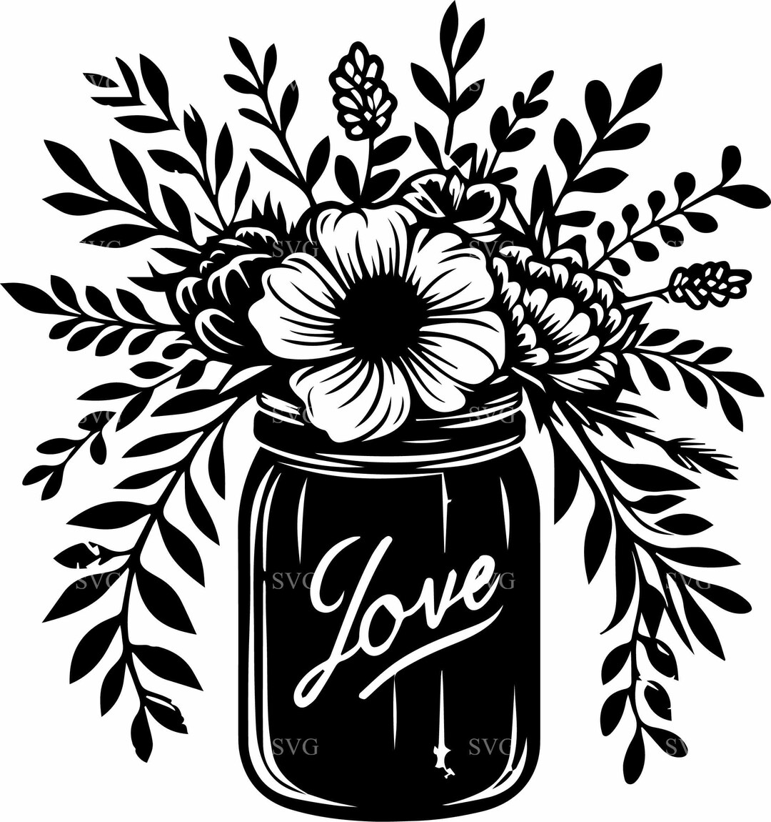 Floral Mason Jar With Love SVG 5 Cut File | Rustic Flower Jar Clipart ...