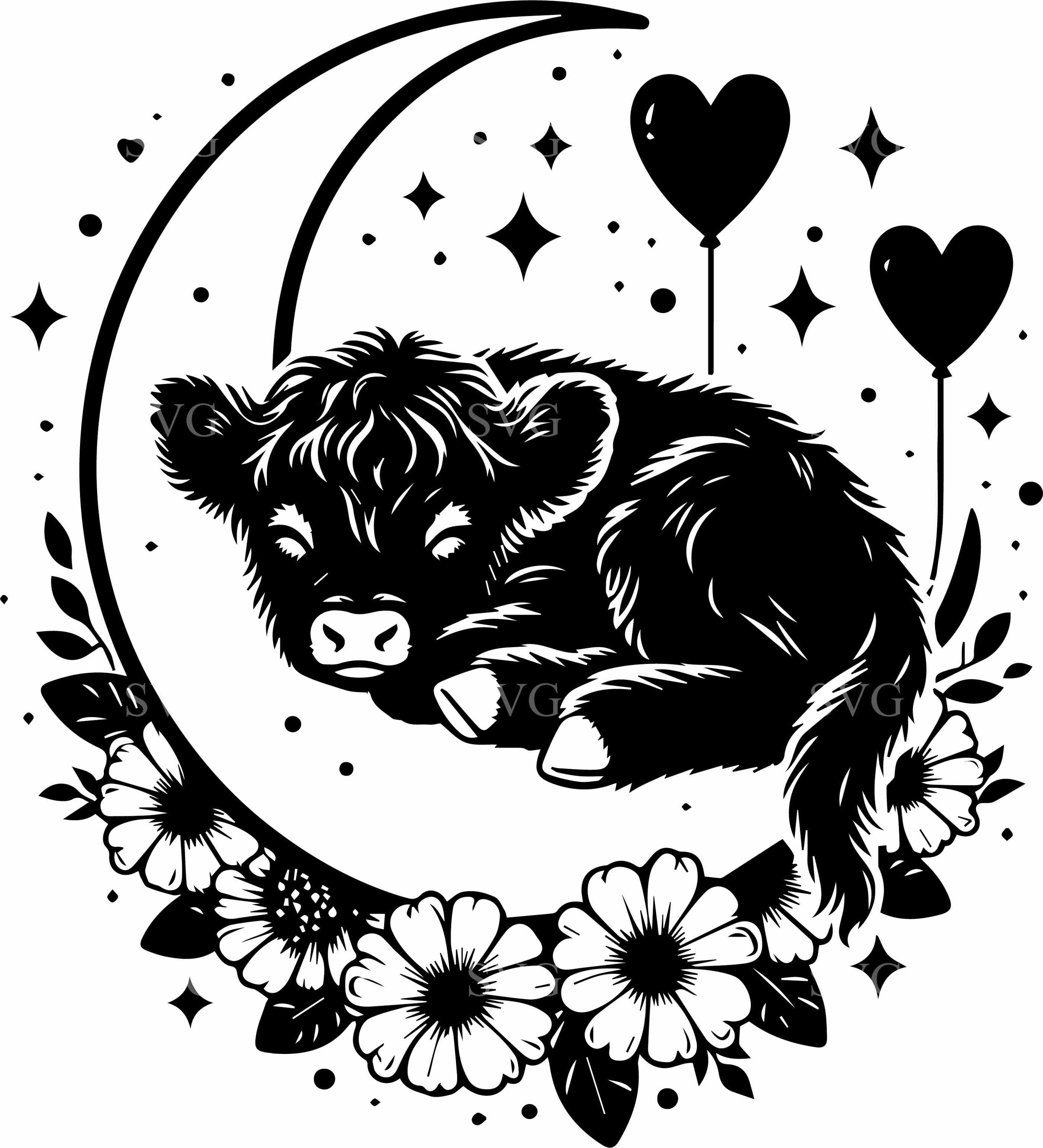 10 Baby Calf Moon SVG – Sleeping Cow Crescent Night Hearts Floral ...