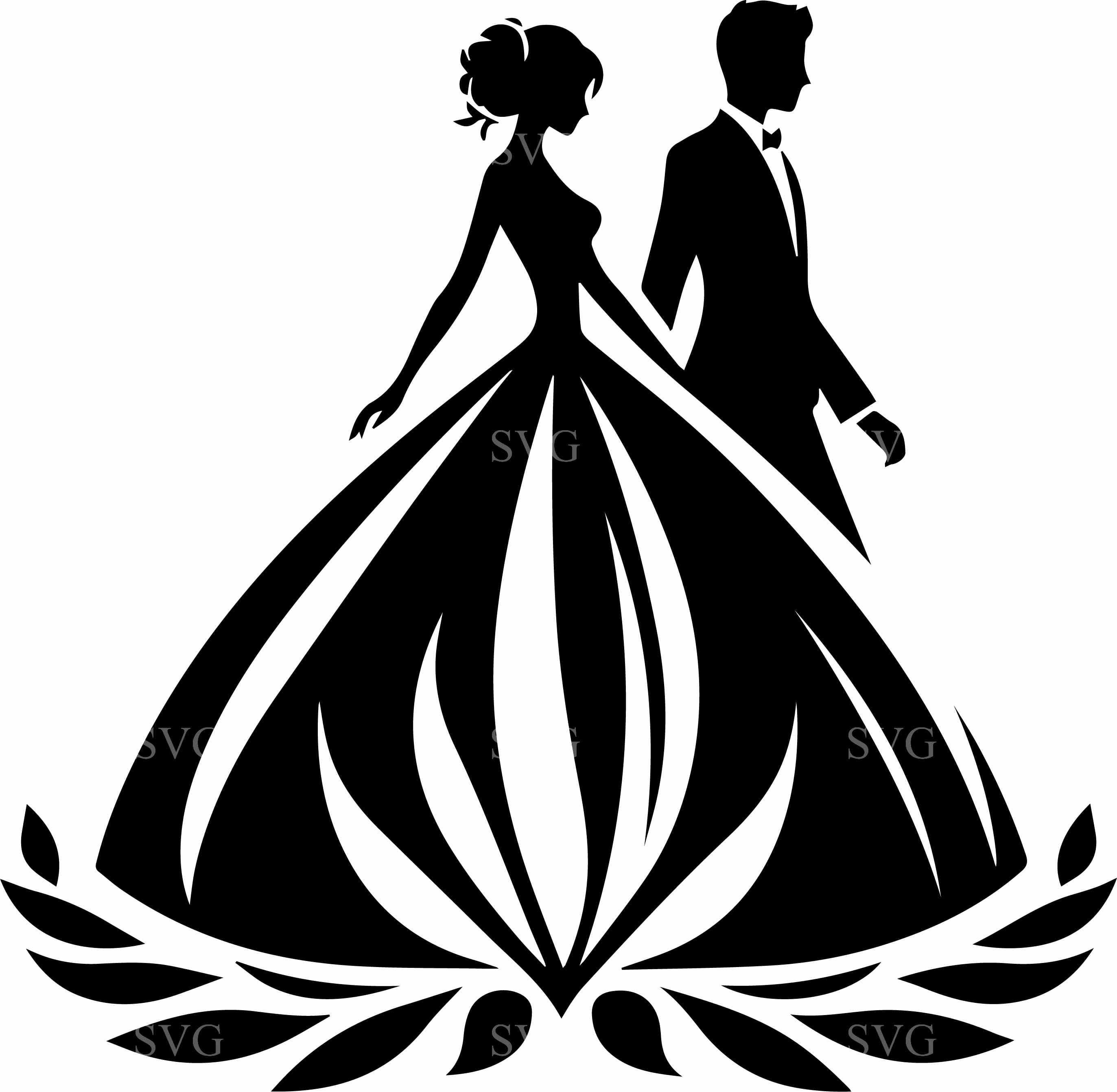 8 Wedding Couple Silhouette SVG – Bride and Groom Holding Hands Elegant ...