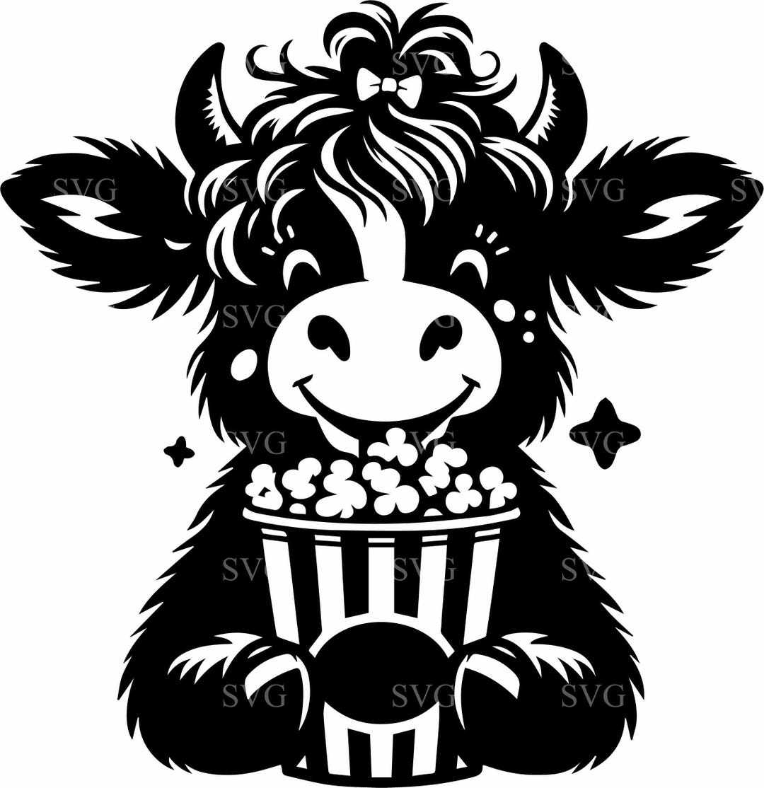 Cute Highland Cow Eating Popcorn SVG 4 Cut File - Funny Farm Animal ...