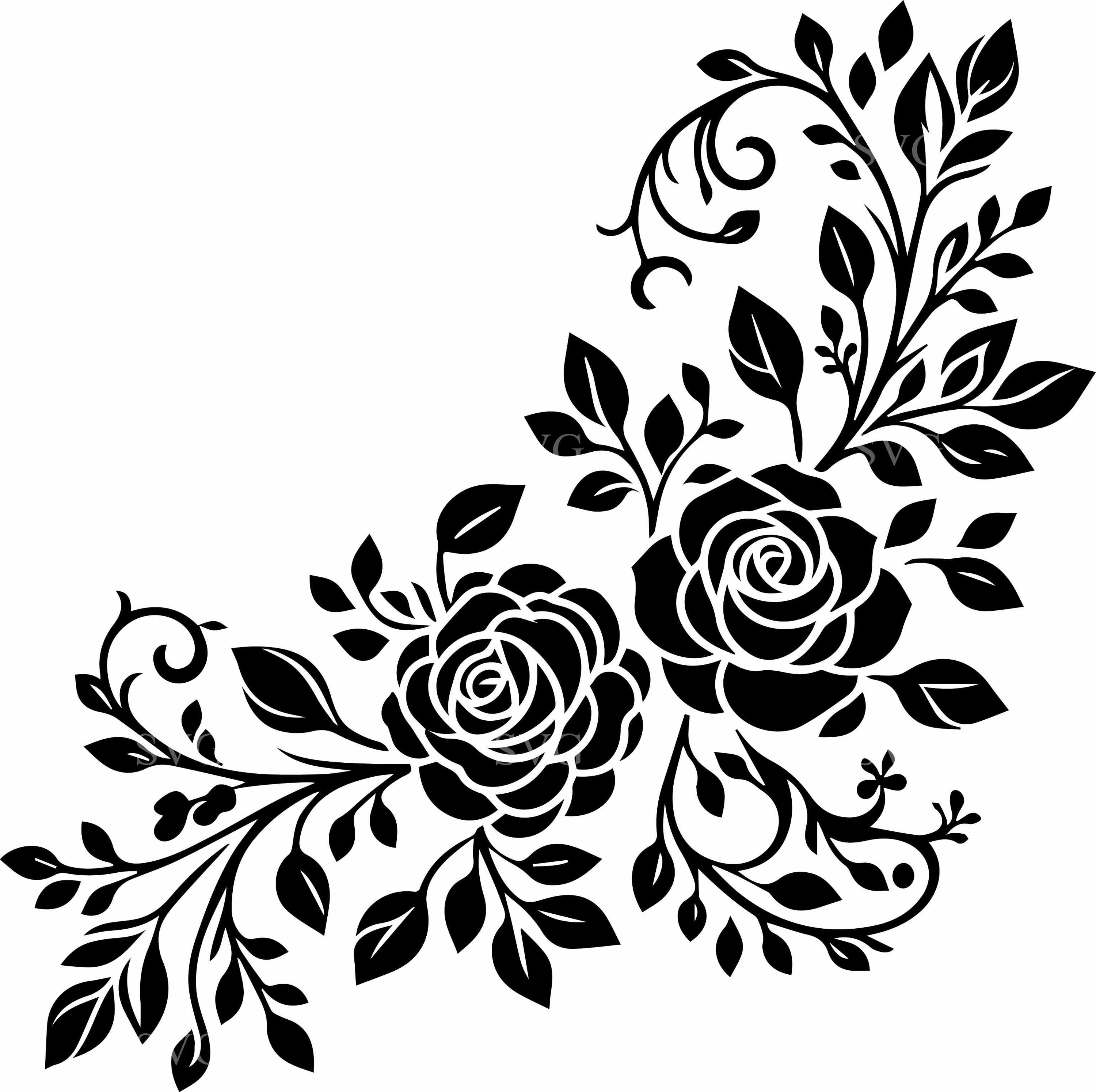 5 Elegant Roses Branch SVG, 5 Floral Corner Clipart, Vintage Rose ...