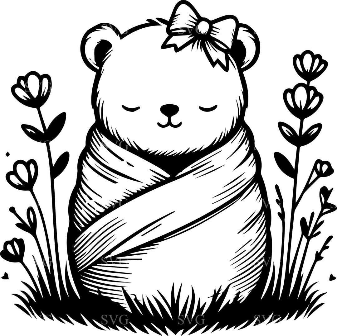 Baby Bear SVG 3 Cut File - Swaddled Bear With Bow and Flowers ...