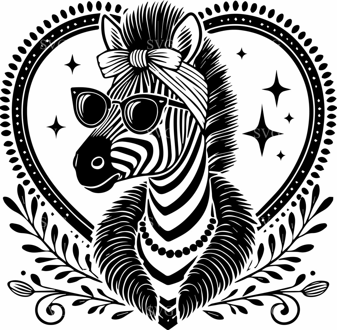 4 Zebra Heart SVG - 4 Cute Zebra With Sunglasses and Bow - Floral ...