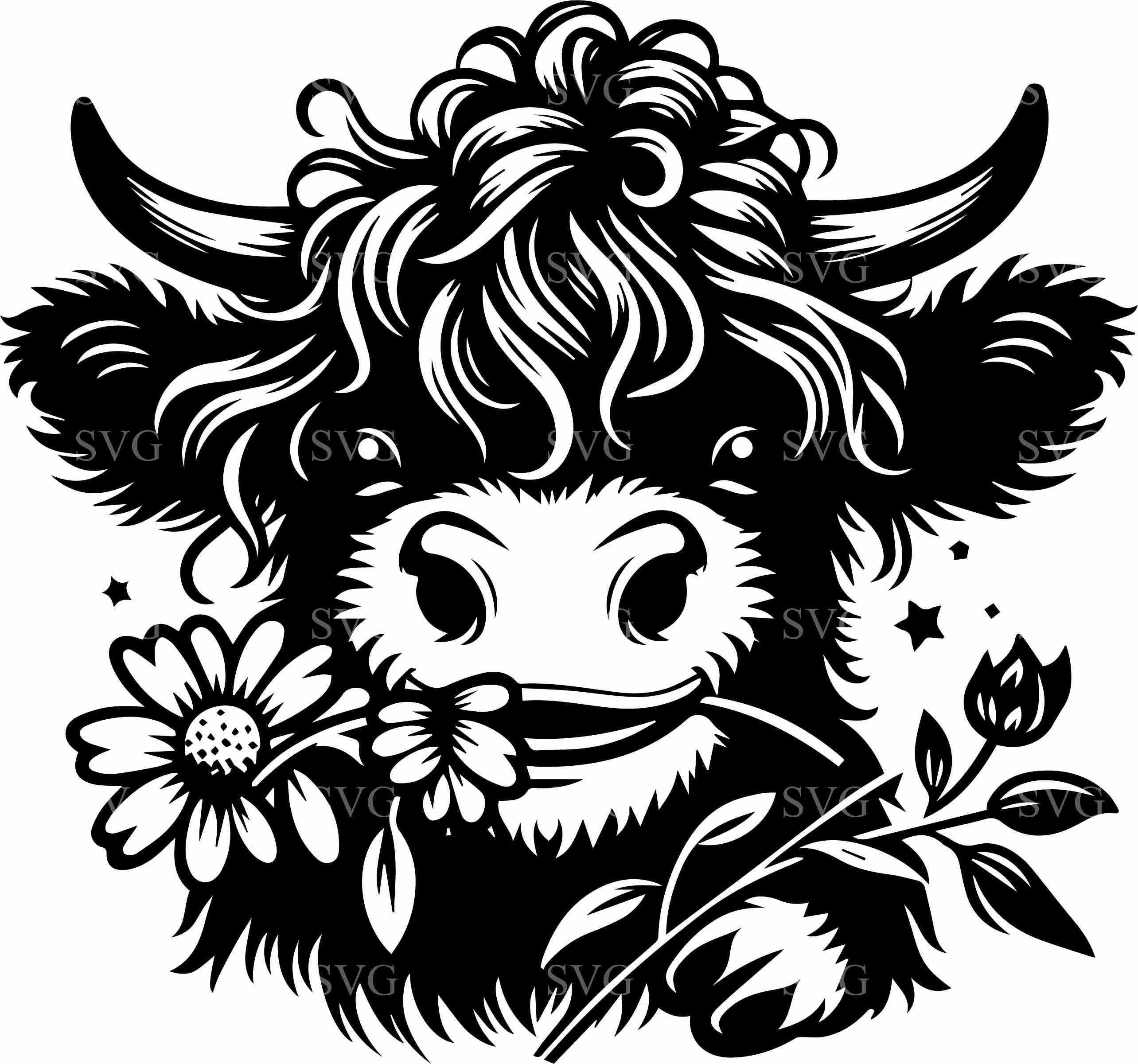4 Highland Cow SVG, 4 Cute Cow With Daisy Cut File, Rustic Farm Animal ...