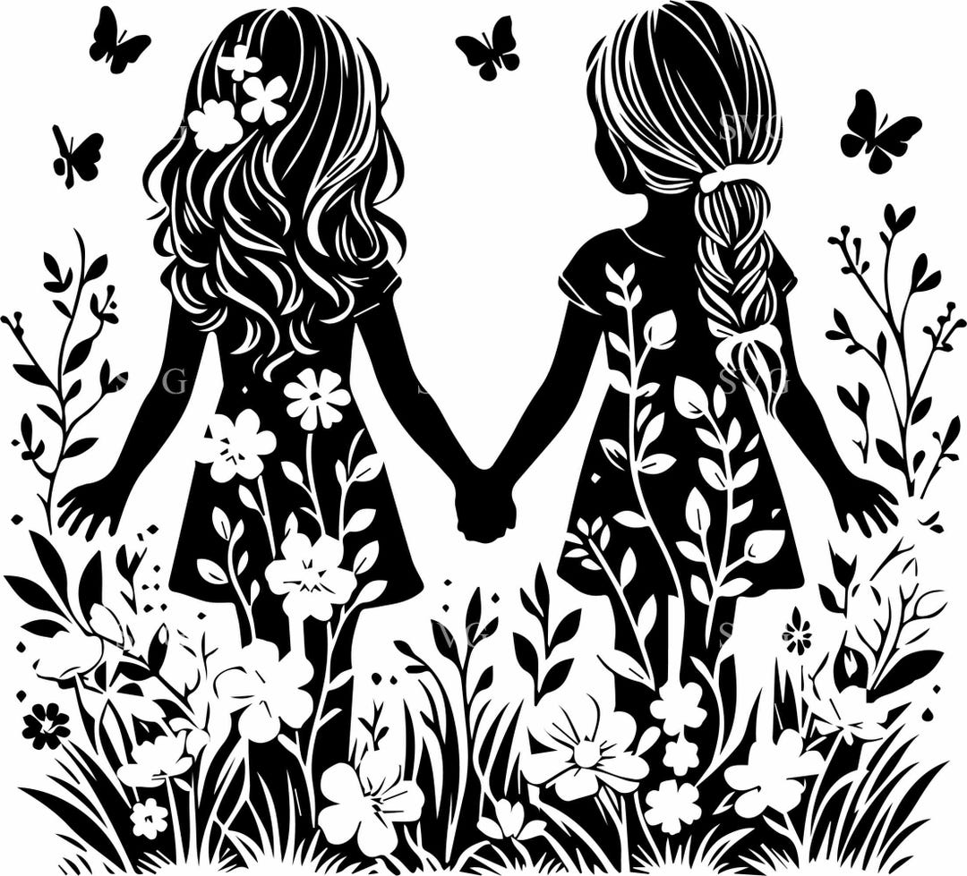 7 Sisters in Flowers SVG Cut File | 7 Back View Girl Silhouette Clipart ...