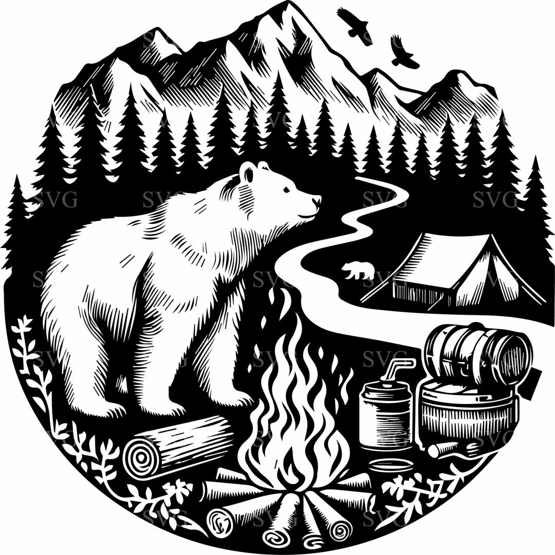7 Camping Bear SVG Cut File, Forest Campfire Tent Scene With Mountains and Trees for Cricut ...