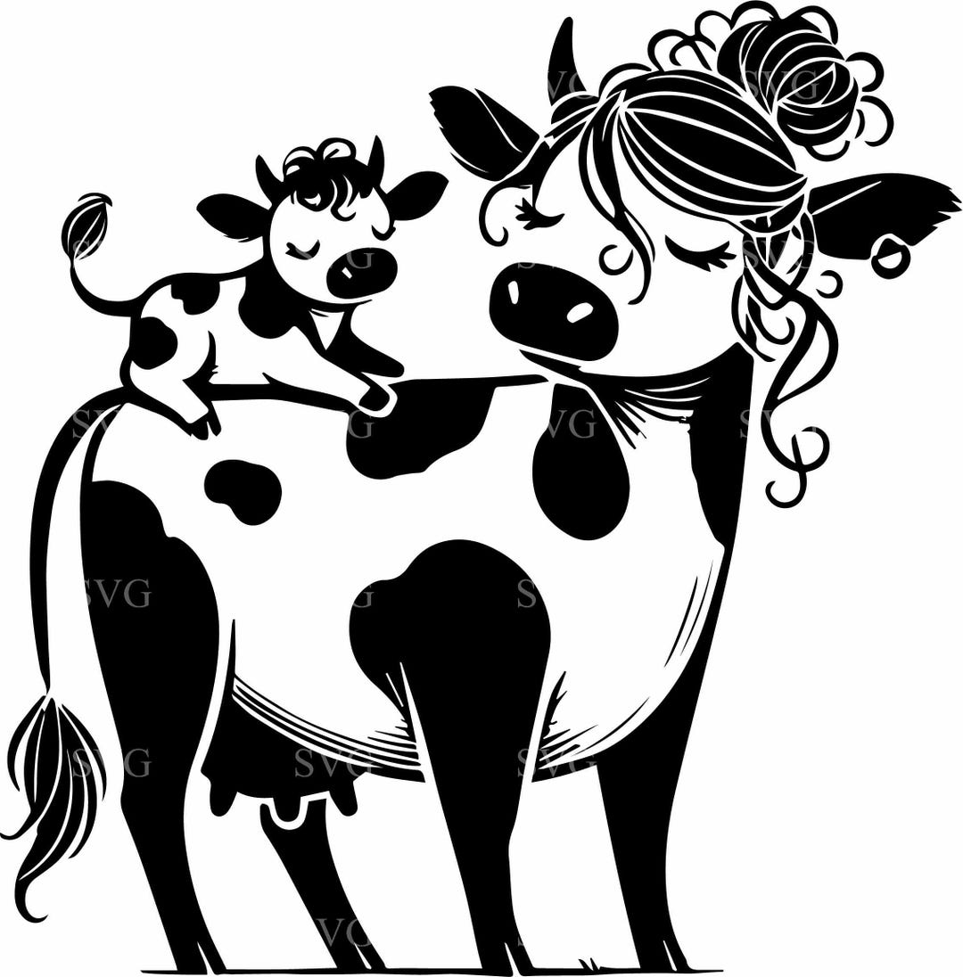 Cow Family SVG 4 Cut File - Adorable Cow With Hair Bun and Baby Calf ...