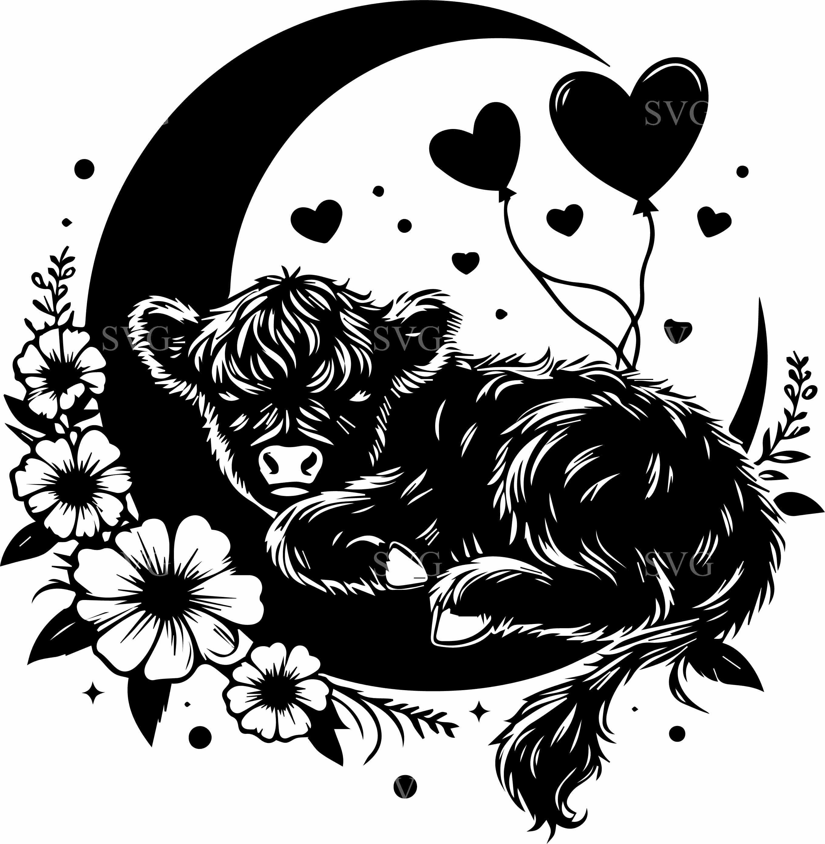 10 Baby Calf Moon SVG – Sleeping Cow Crescent Night Hearts Floral ...