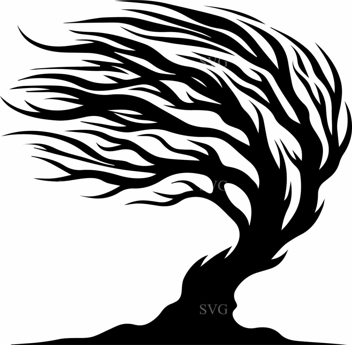 8 Windy Silhouette Tree SVG – 8 Blowing Tree Cut File for Rustic Decor ...