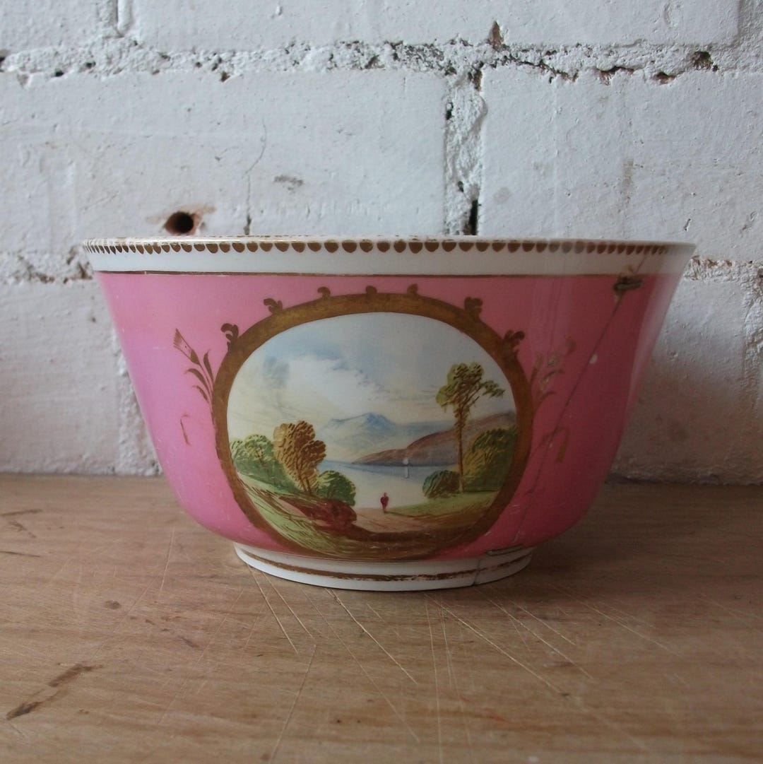 Hand Painted Staple Repaired Pink Porcelain Bowl, Antique Pottery ...