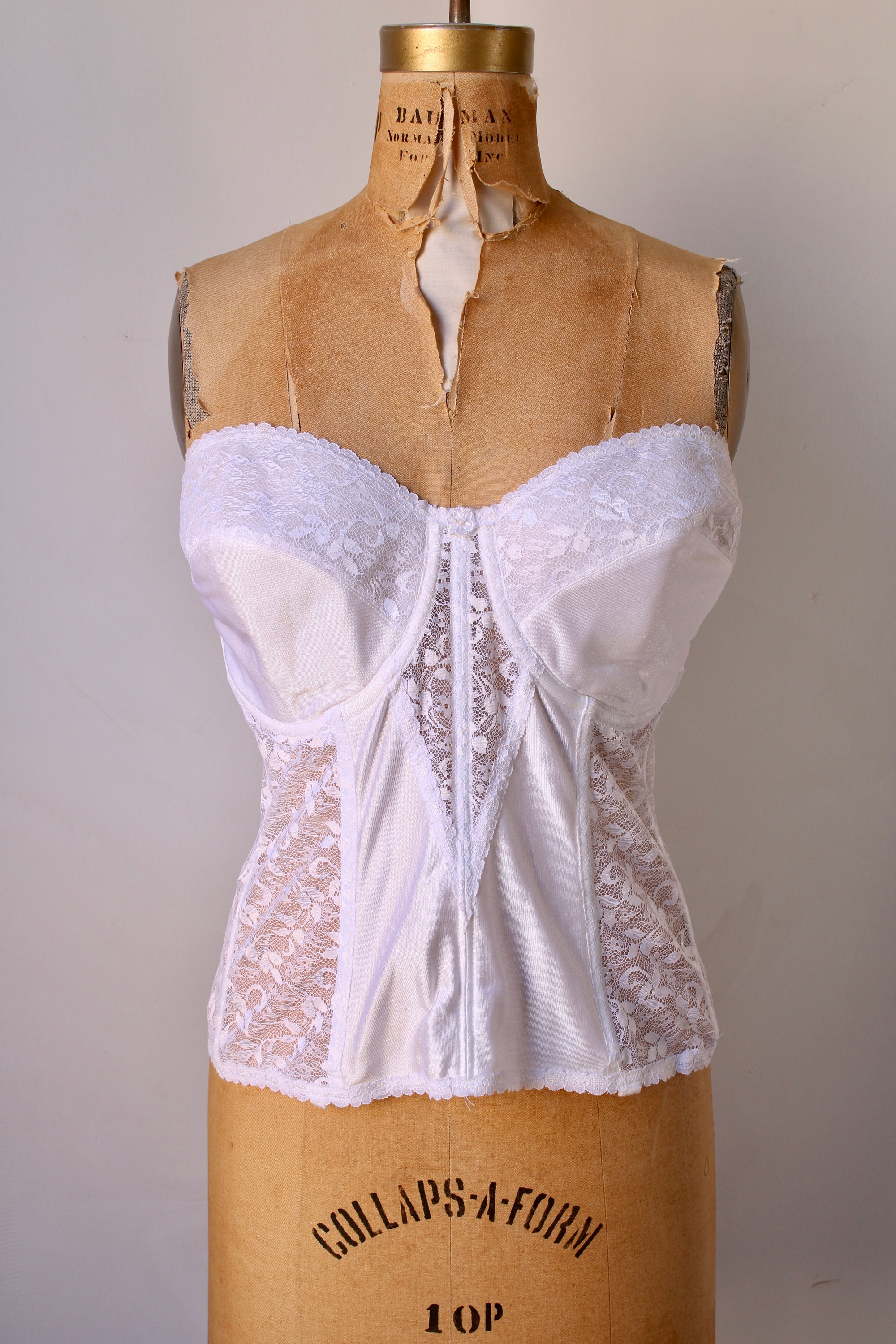 White Lace Bustier Bra / Size 42D / Vintage 1980s Sexy Longline Pinup ...