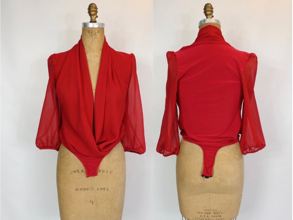 Red Blouse Bodysuit 80s Vintage Bodysuit With Colla… Gem