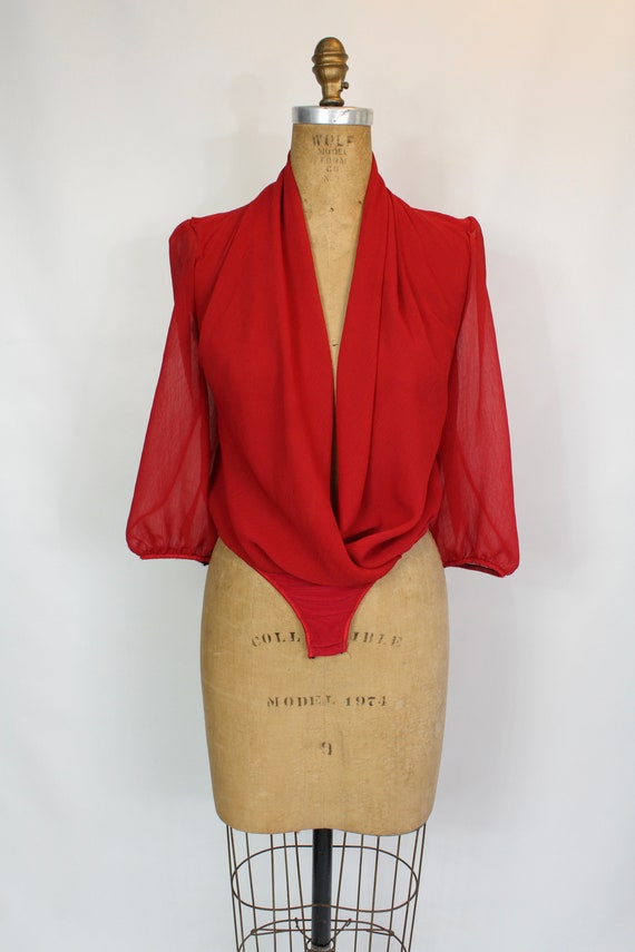 Red Blouse Bodysuit 80s Vintage Bodysuit With Colla… Gem