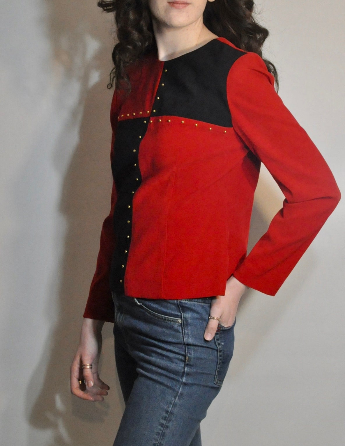Harlequin Top / Black and Red Faux Suede Color Block Shirt / Vintage ...