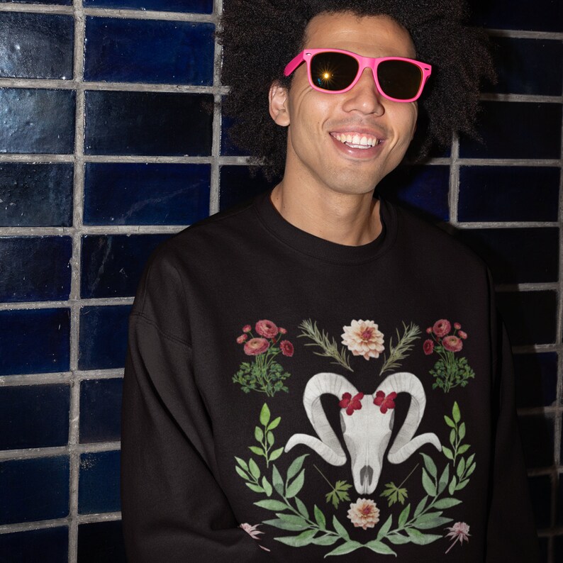 Dark Cottagecore Rams Skull Pullover Sweatshirt, Botanical Pastel Goth ...