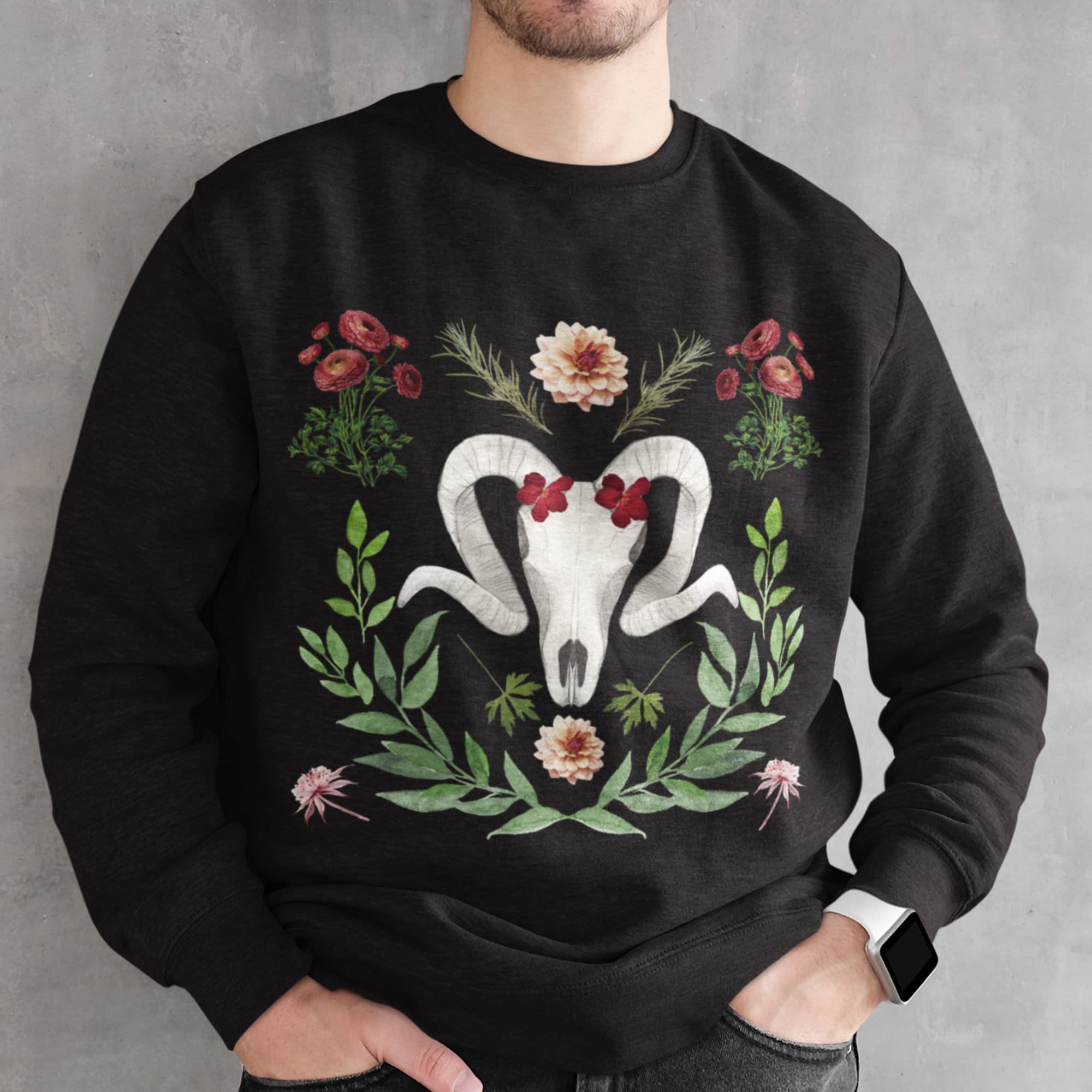 Dark Cottagecore Rams Skull Pullover Sweatshirt, Botanical Pastel Goth ...
