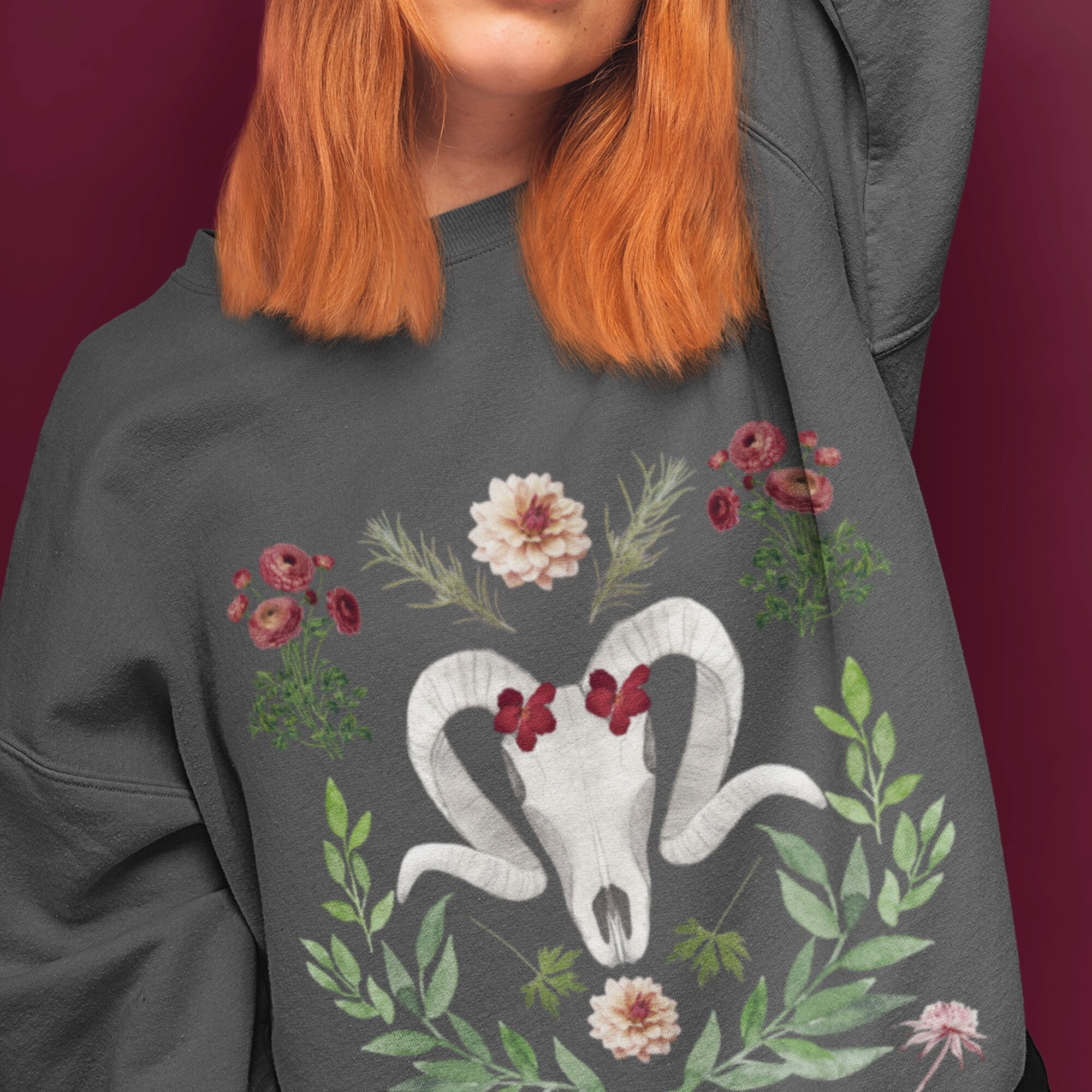 Dark Cottagecore Rams Skull Pullover Sweatshirt, Botanical Pastel Goth ...