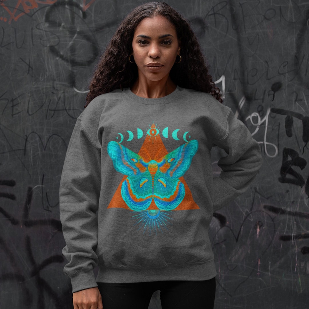 Oversized Moon Phase Neon Butterfly Emo Pullover Sweatshirt, Mystical ...