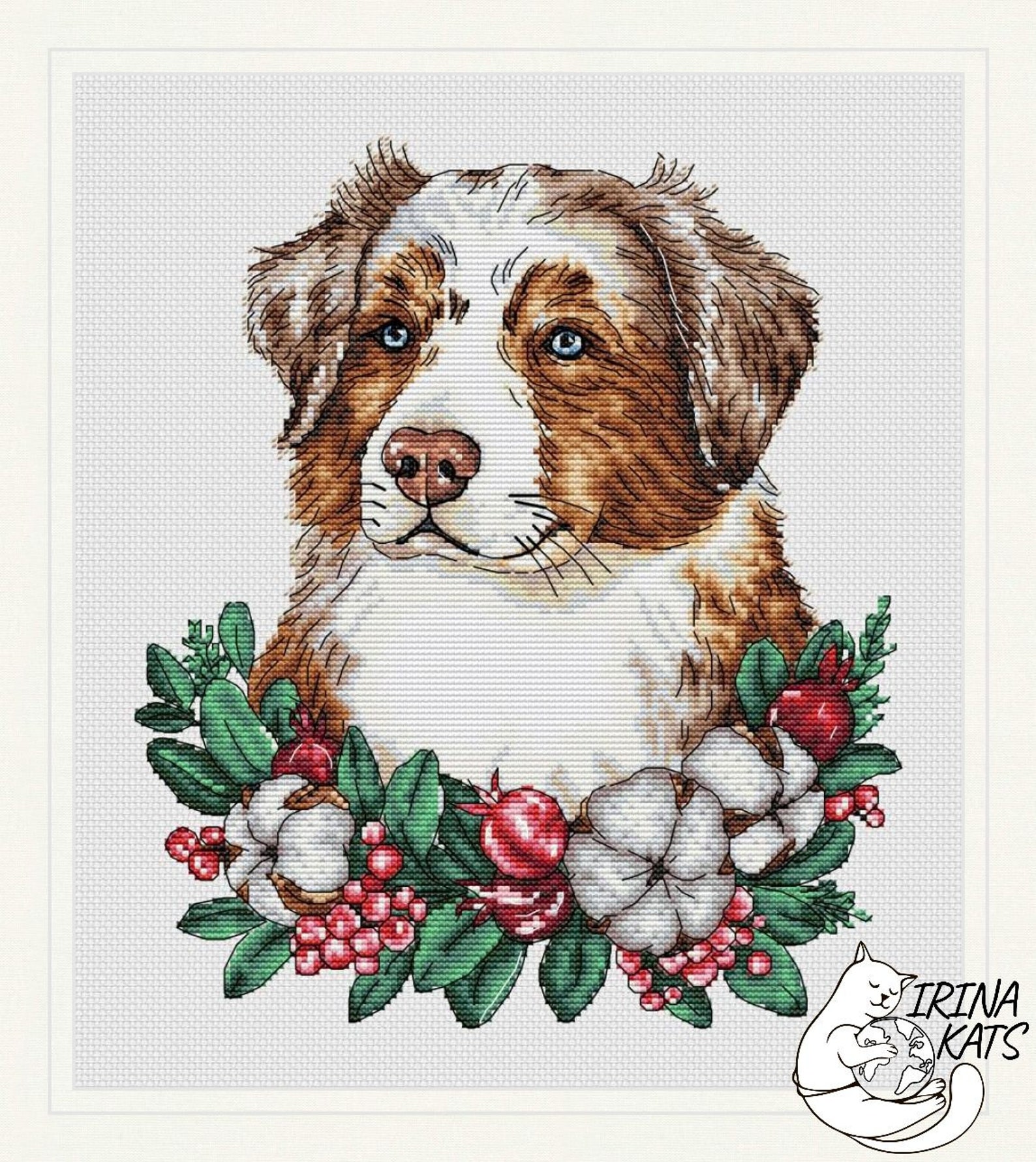 Australian Shepherd Cross Stitch Pattern, Floral Wreath (PDF Pattern ...