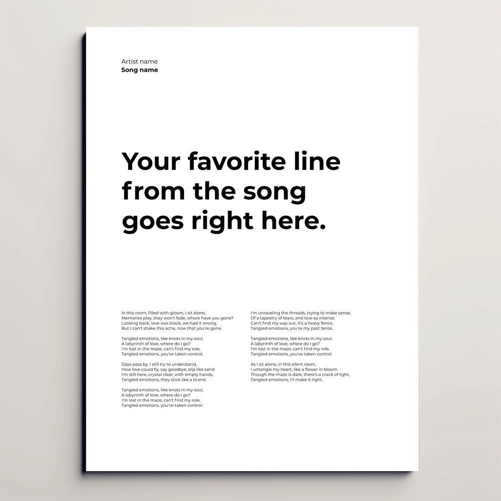 Custom Song Downloadable Print, Printable Lyric Wall Art, Custom Song ...