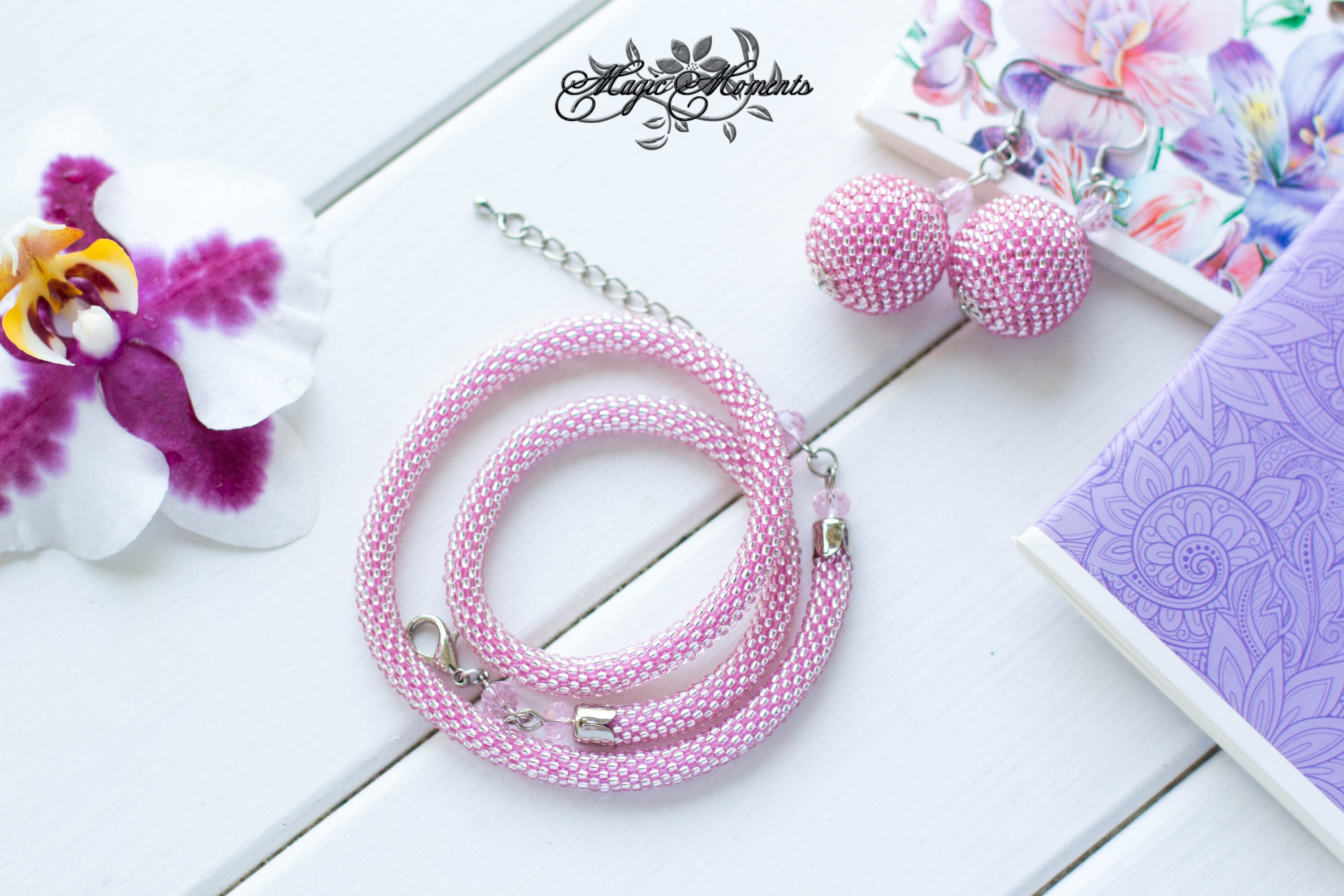 Pink Beaded Jewelry Set, Bracelet Necklace Earrings, Gift for Her, Seed ...