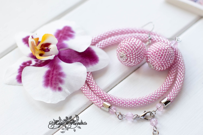 Pink Beaded Jewelry Set, Bracelet Necklace Earrings, Gift for Her, Seed ...