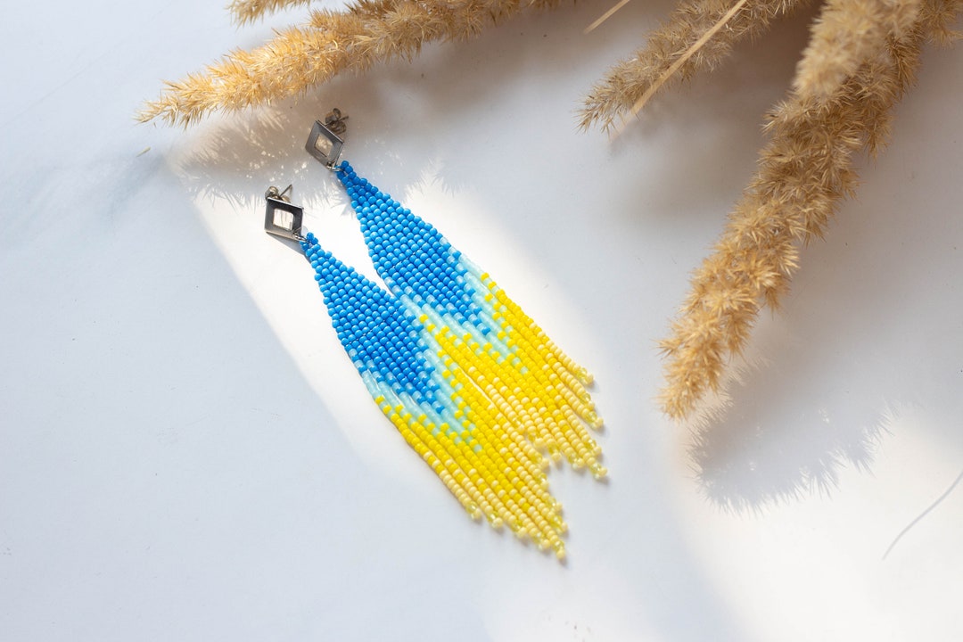 Ukraine Beaded Earrings, Long Fringe Earrings, Ukrainian Jewelry, Stand ...