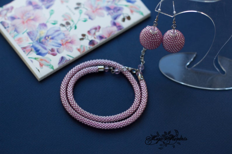 Pink Beaded Jewelry Set, Bracelet Necklace Earrings, Gift for Her, Seed ...
