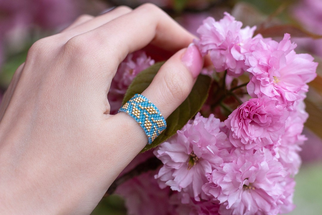 Ukraine Ring, Seed Bead Ring, Wide Thumb Ring, Ukrainian Handmade ...