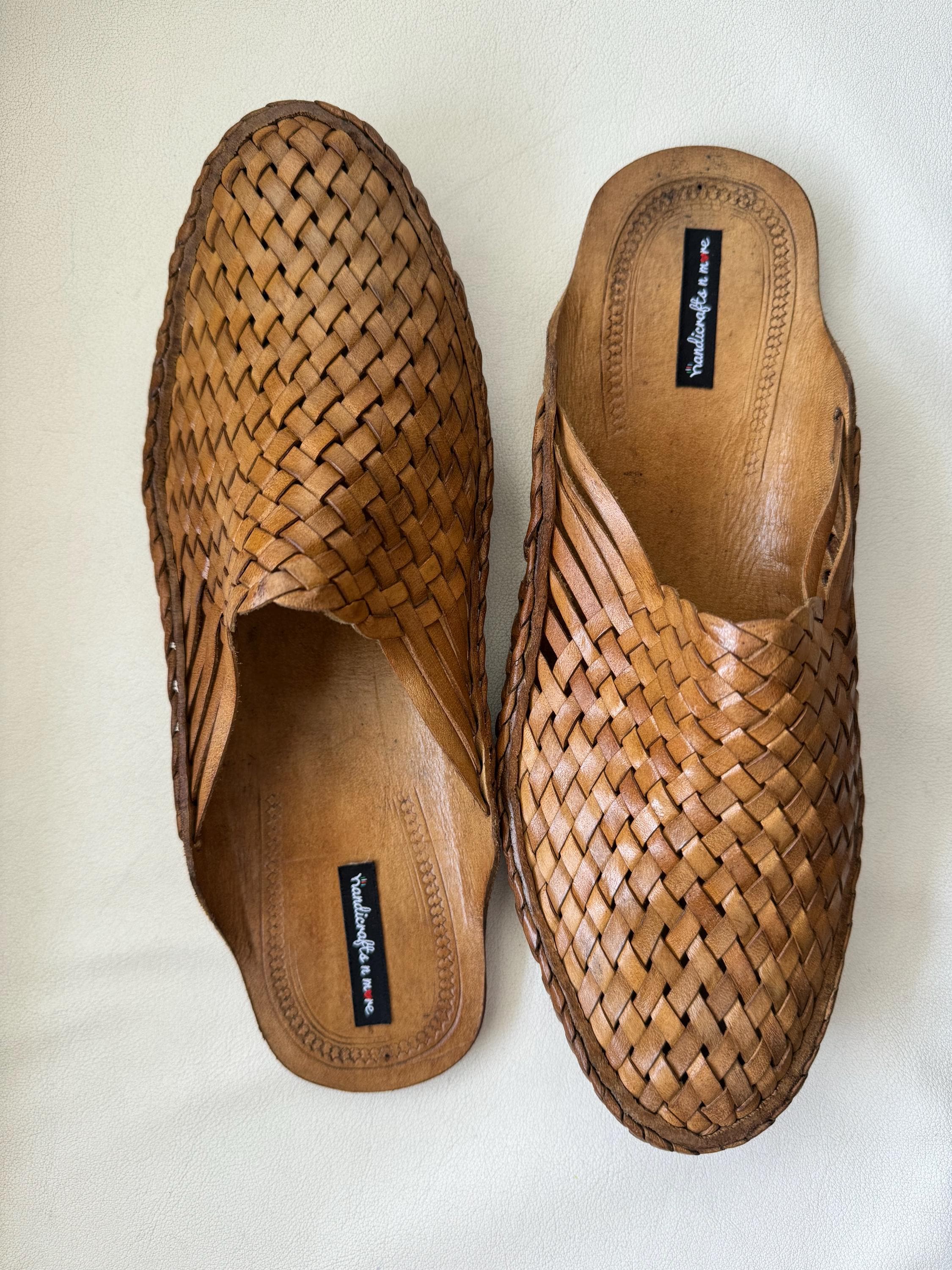 Men’s Leather Kolhapuri Mules With Sole Support | Handmade Woven Slip ...