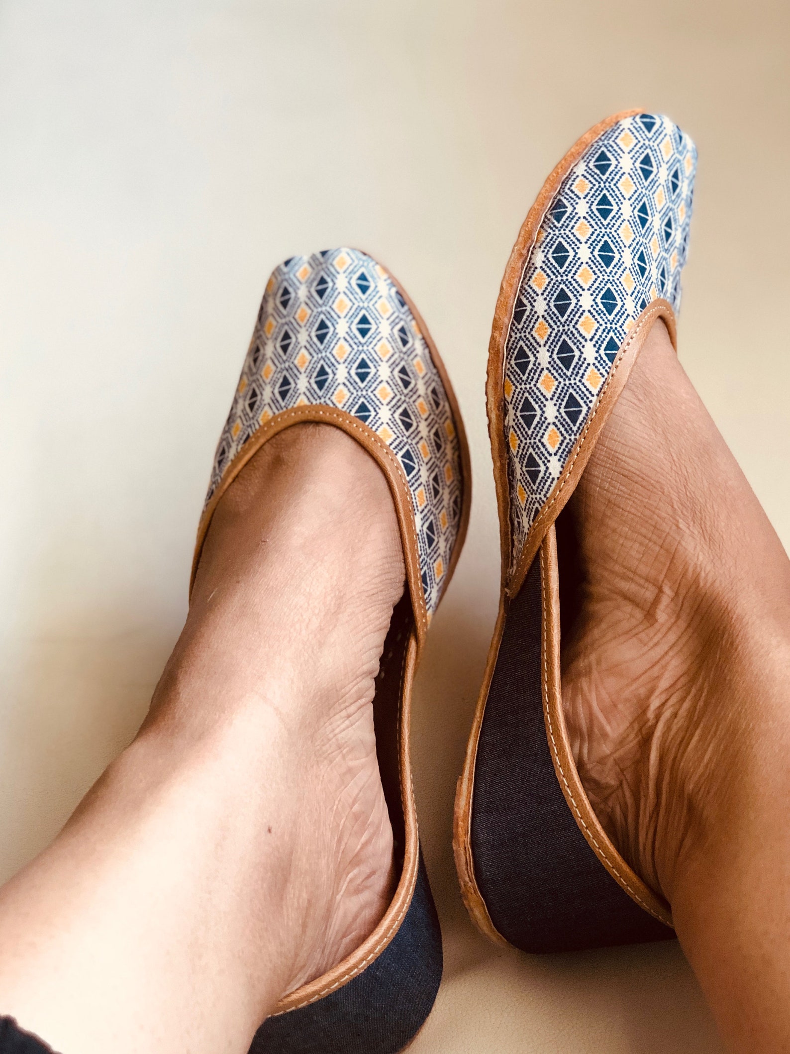 Yellow Blue Denim Women Handcrafted Leather Footwear Indian | Etsy