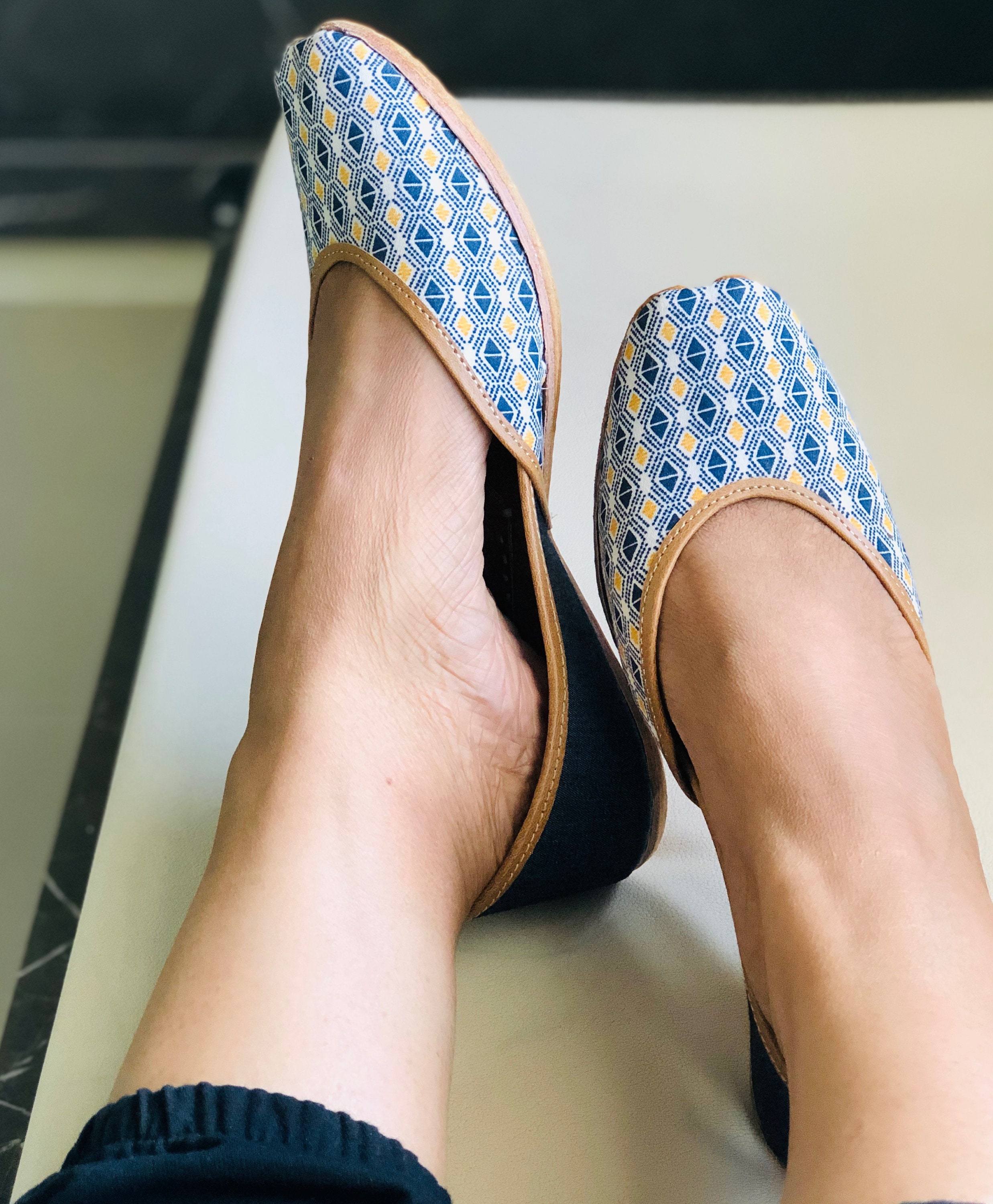 Yellow Blue Denim Women Handcrafted Leather Footwear Indian | Etsy