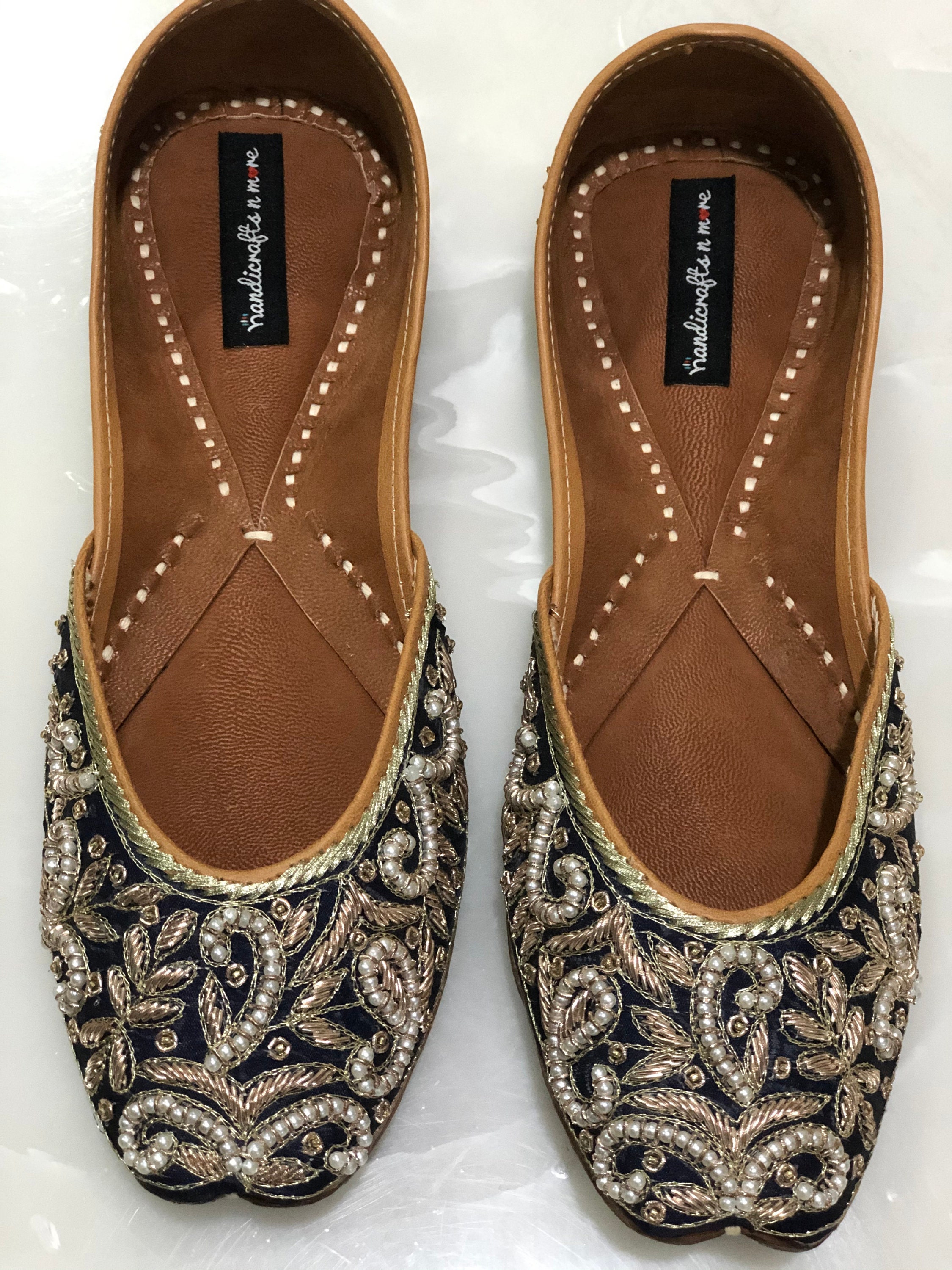 Blue Fabric Jutti Flats, Beaded Zardosi Indian Mojaris - Etsy