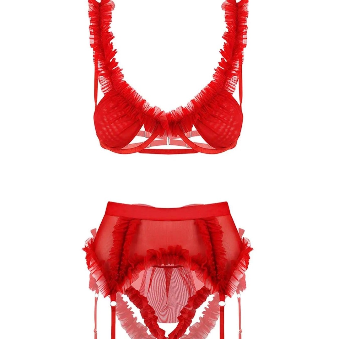 Red Lingerie See Through Set Romantic Sheer Mesh Bra and Panty Set ...