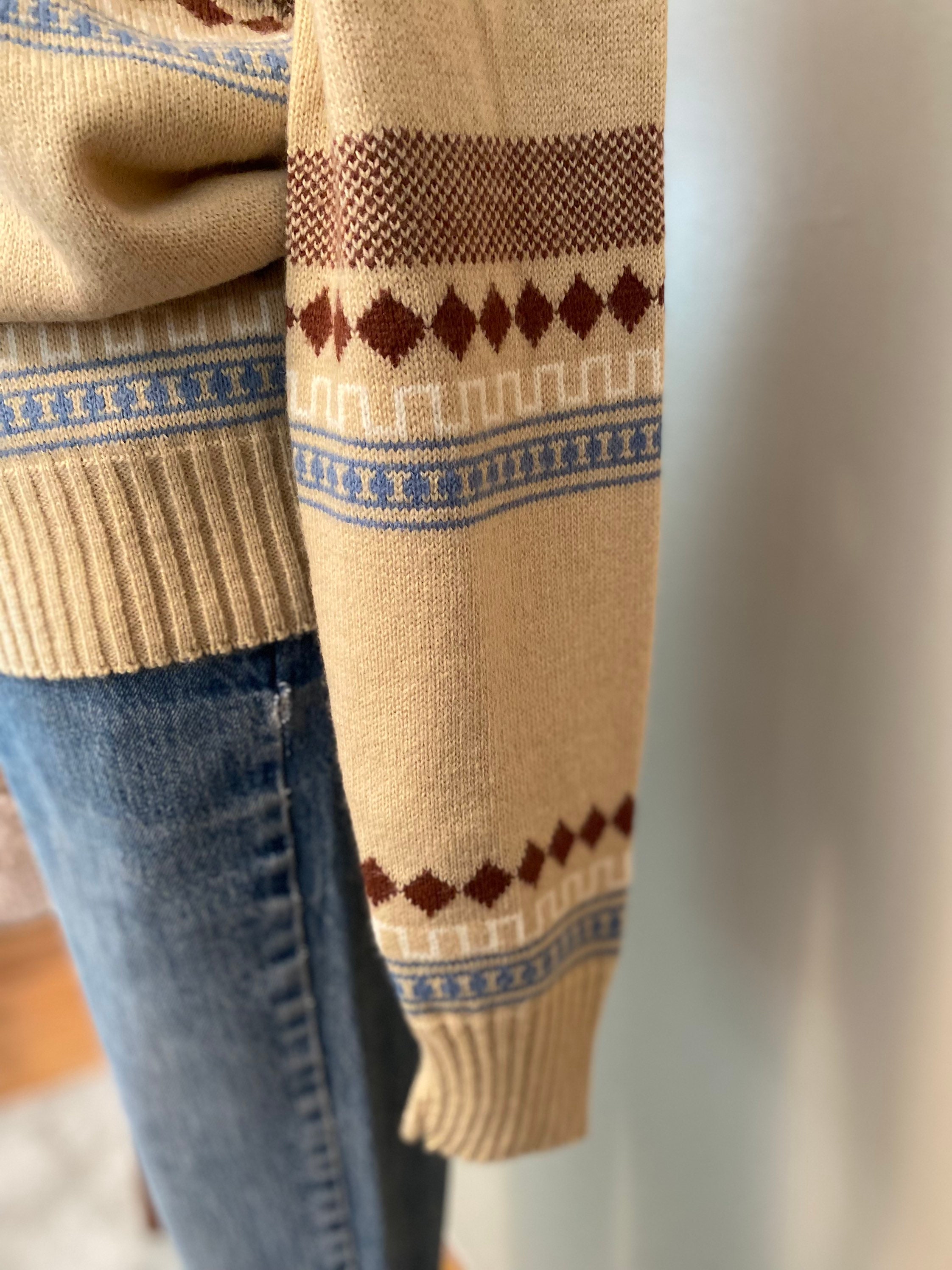 Vintage 1970s Sweater Pullover Cream with Blue/Rust Design | Etsy