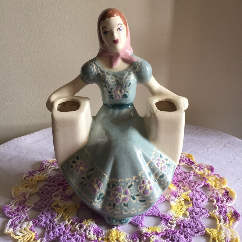 Vintage Weil Ware Double Vase Lady in Garden 1950's | Etsy